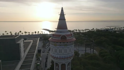 flying clockwise around iconic water tow... | Stock Video | Pond5