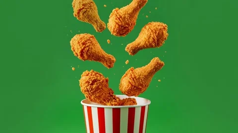 Flying Fried Chicken Pieces from the Buc... | Stock Video | Pond5