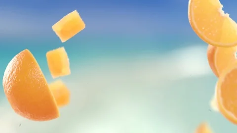 Flying of Orange and Slices in Beach Bac... | Stock Video | Pond5