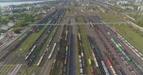 Flying over freight trains. Railroad tra... | Stock Video | Pond5