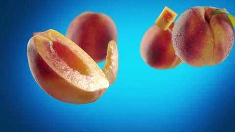 Flying Peach and Peaches slices in Blue ... | Stock Video | Pond5