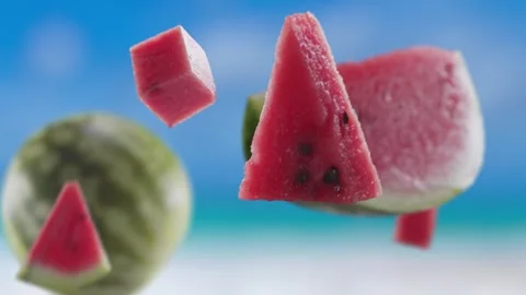 Flying of Watermelon and Slices in Blue ... | Stock Video | Pond5