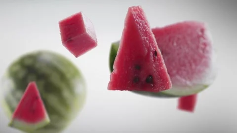 Flying of Watermelon and Slices in Grey ... | Stock Video | Pond5