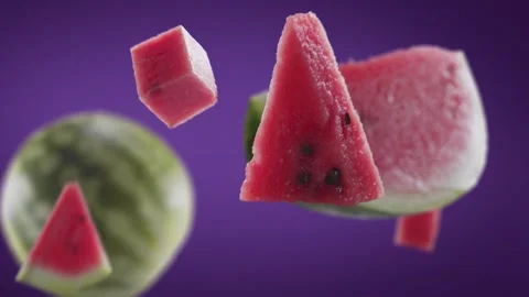 Flying of Watermelon and Slices in Purpl... | Stock Video | Pond5