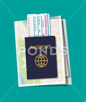 Folded paper city map, boarding pass and passport: Royalty Free #106581058