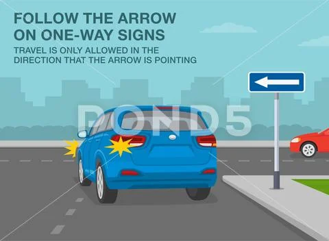 Follow the arrow on one-way signs. Blue suv is about to turn left on t ...