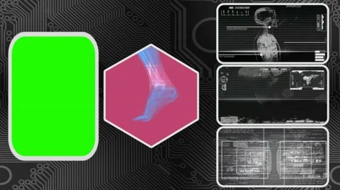 Foot - Three Monitor Scanning Info - Gre... | Stock Video | Pond5