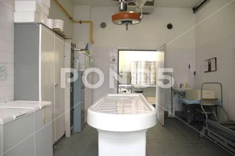 Forensic medicine Hospital. Autopsy room at the hospital. Overview with ...
