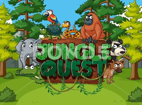 Forest scene with word jungle quest and wild animals in background ...
