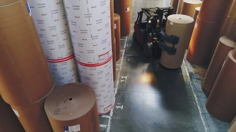 forklift loader transports paper roll in... | Stock Video | Pond5