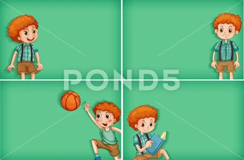 Four background template designs with boy doing different activities ...