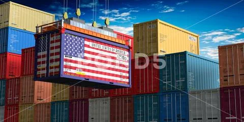 Freight shipping container with flag of USA on crane hook - 3D ...