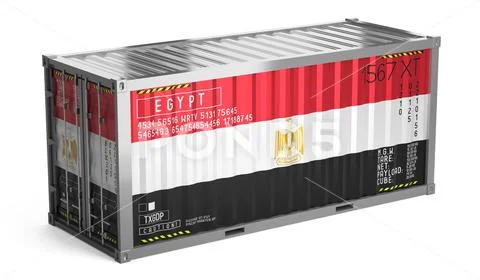 Freight shipping container with national flag of Egypt on white ...