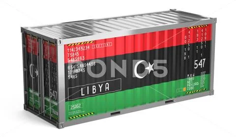 Freight shipping container with national flag of Libya on white ...