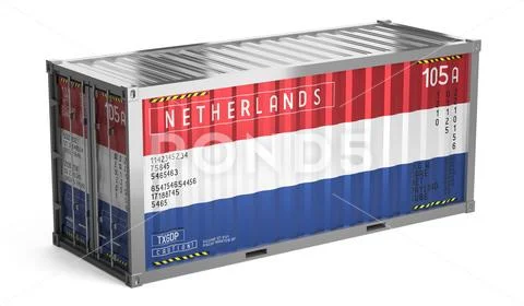 Freight shipping container with national flag of Netherlands on white ...
