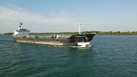 Freighter sailing on Detroit river, aeri... | Stock Video | Pond5