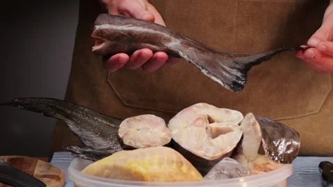 Fresh fillet sturgeon fish on desk close... | Stock Video | Pond5