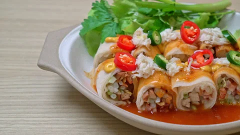 fresh spring roll with crab and sauce an... | Stock Video | Pond5