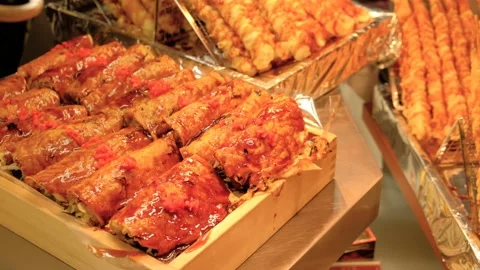 Fried seafood tempura on display on japa... | Stock Video | Pond5