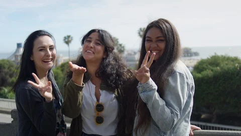 Friends Pose For Portrait, Hold Up Peace... | Stock Video | Pond5