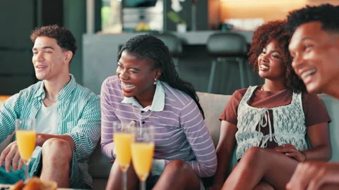 Friends, relax and watching tv with laug... | Stock Video | Pond5