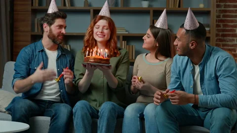 Friends sing happy birthday song to woma... | Stock Video | Pond5