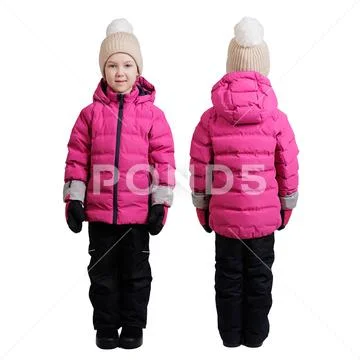 Front and back view of little girl in winter look isolated on white ...
