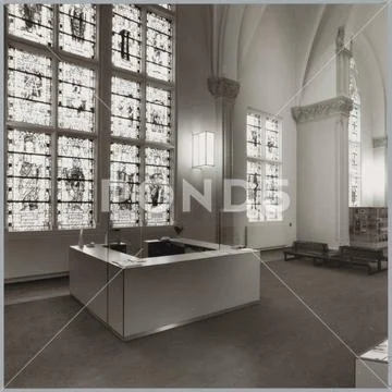 Front hall with information desk for a glass-in-lead window and part of ...