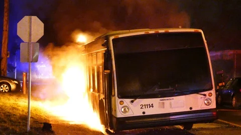 Front view of bus on fire with flames bu... | Stock Video | Pond5