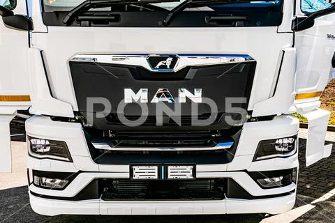 Front view of MAN Trucks brand Semi Truck Tractor on display Stock ...