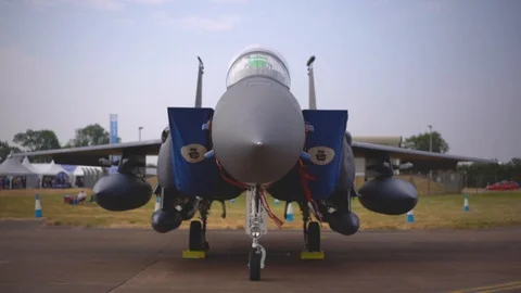 Front view of One static F-15 E fighter ... | Stock Video | Pond5