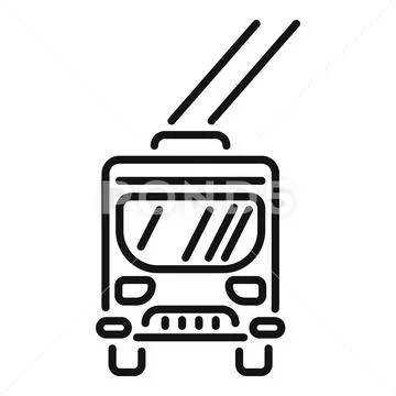 Front view of trolleybus driving with trolley poles up line art icon ...