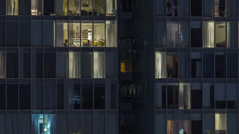 Frontal view of night facade of building... | Stock Video | Pond5