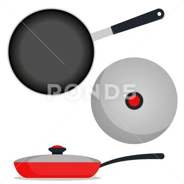 Frying pan with lid, top view and side view. Vector illustration ...