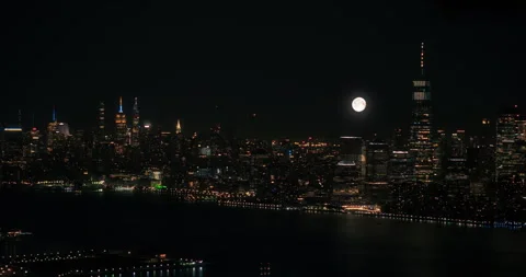 Full Moon Night Aerial View of Manhattan... | Stock Video | Pond5