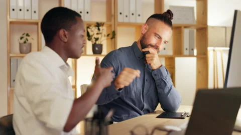 Fun handshake, office and men coworking,... | Stock Video | Pond5