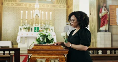 Funeral, sad and woman in a church, cask... | Stock Video | Pond5