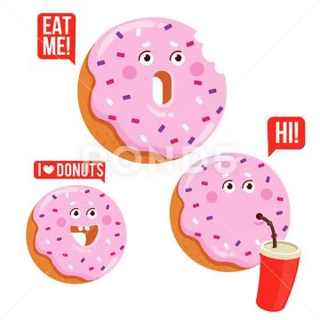 Funny cartoon donut character emoticon set. Happy donut sticker. Vector ...