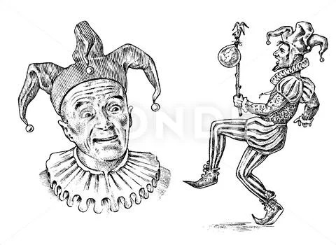 Funny jester in fool s cap. Clown in costume. Comedian character ...