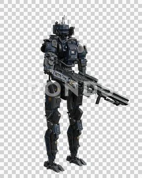 Futuristic cyberpunk droid standing guard with a rifle. 3D rendering ...