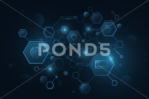 Futuristic diagram from glowing hexagons frame with icons for software ...