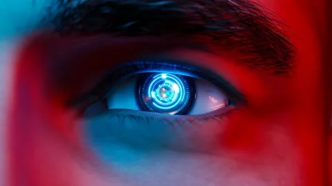 A futuristic eye camera implant with blu... | Stock Video | Pond5