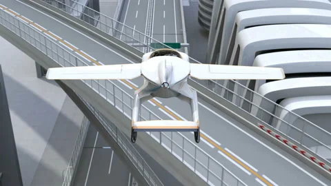 Futuristic flying car landing on highway | Stock Video | Pond5