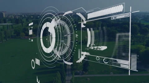 Futuristic HUD overlay floating over urb... | Stock Video | Pond5