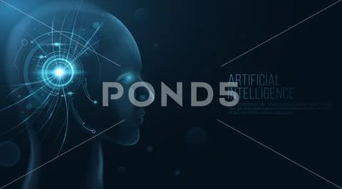 Futuristic human face model with HUD interface on his head. Artificial ...