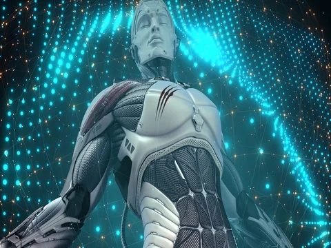 Futuristic robot waking up in virtual en... | Stock Video | Pond5