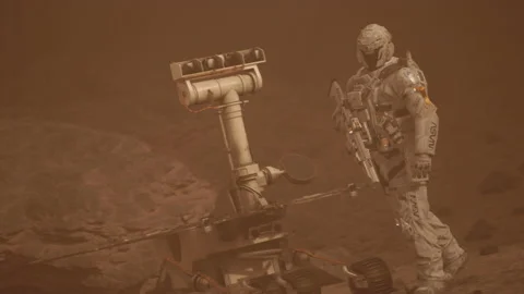 A futuristic sci-fi soldier on guard pat... | Stock Video | Pond5