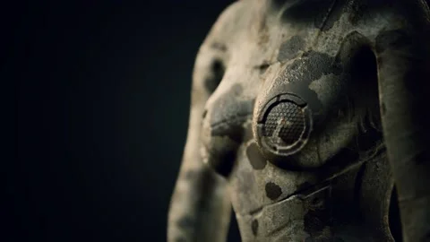 futuristic sci fi woman in burned suit | Stock Video | Pond5