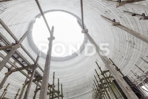 Futuristic view inside of cooling tower of unfinished Chernobyl nuclear ...
