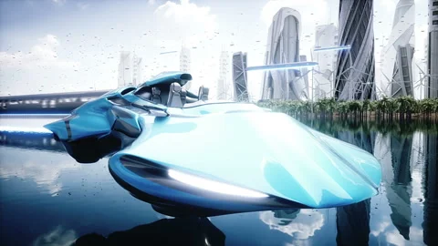 fying car in futuristic city. Future con... | Stock Video | Pond5